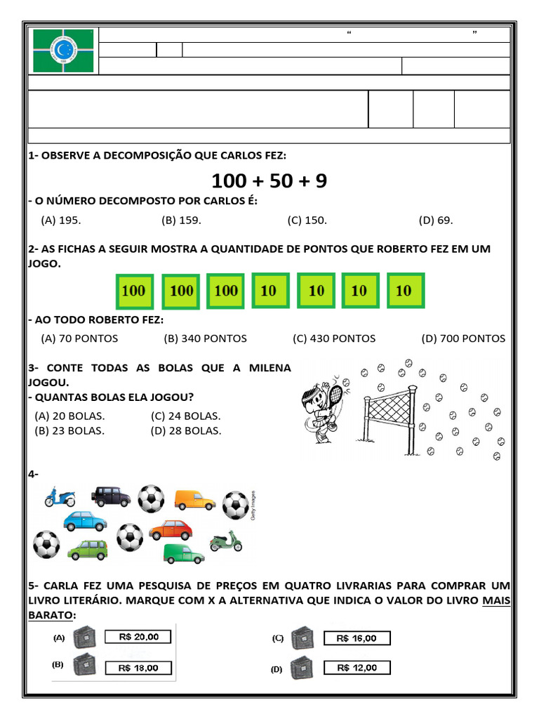 PROVA ADAPTADA DE MATEMÁTICA - 1º TRIMESTRE | PDF