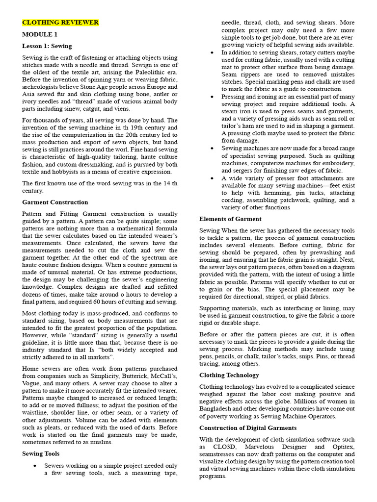 A.e-Clothing Reviewer-Midterm | PDF | Sewing | Seam (Sewing)