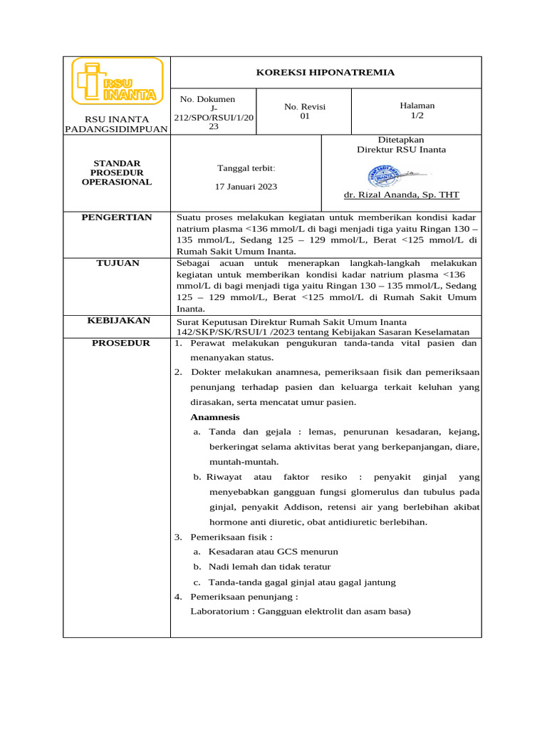 Rumus Koreksi Hiponatremia RSU Inanta | PDF