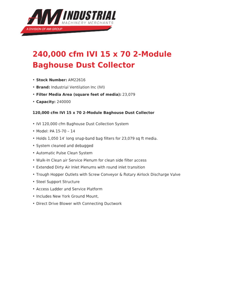 240,000 CFM IVI Baghouse Dust Collector | PDF