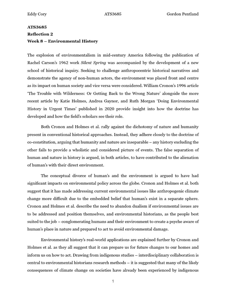 ATS3685 Reading Reflection 2, Environmental History | PDF ...