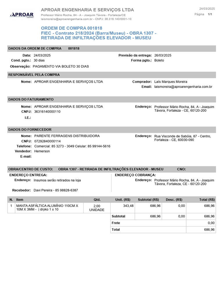 Relatório de Ordem de Compra - 001818 | PDF