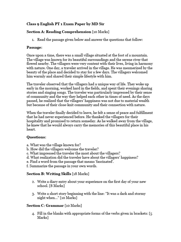 Class 9 English PT 1 QP With Answer by MD Sir | PDF