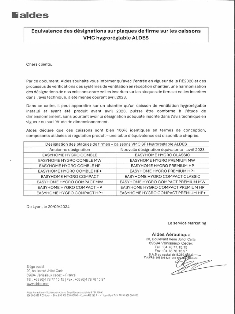2024-10courrier ALDES Equivalence Des Designations Sur Plaques de Firme ...