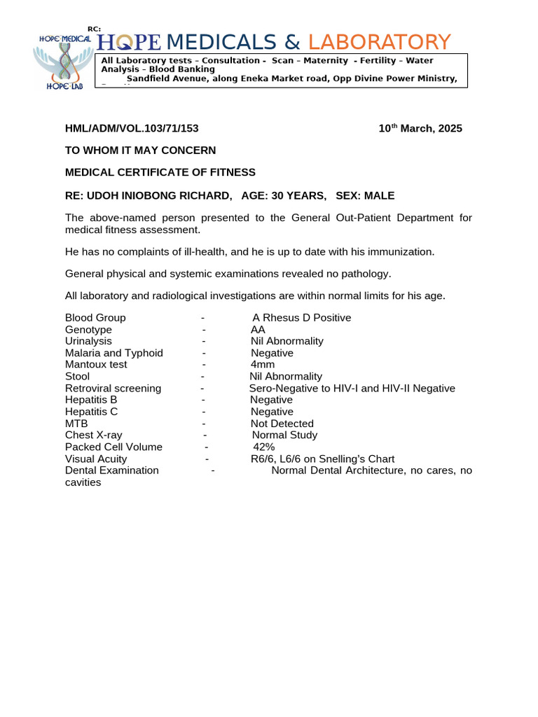 Hope Medical Fitness Report | PDF