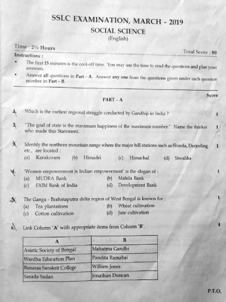 SOCIAL SCIENCE Question Paper SSLC March 2019 - English Medium | PDF
