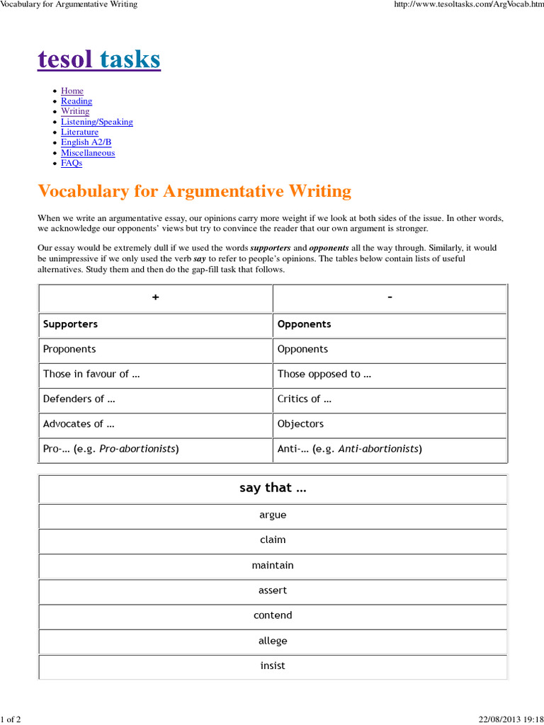 Vocabulary For Argumentative Writing | PDF | Human Communication