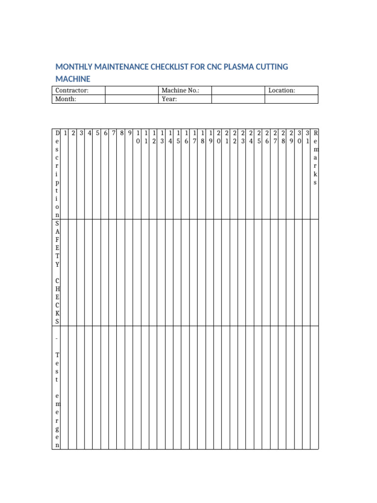 CNC Plasma Cutting Machine Monthly Checklist | PDF