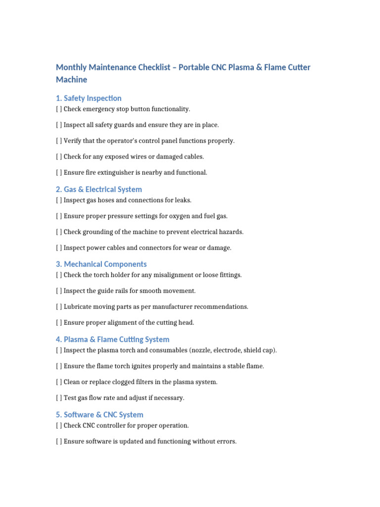 CNC Plasma Flame Cutter Monthly Checklist | PDF