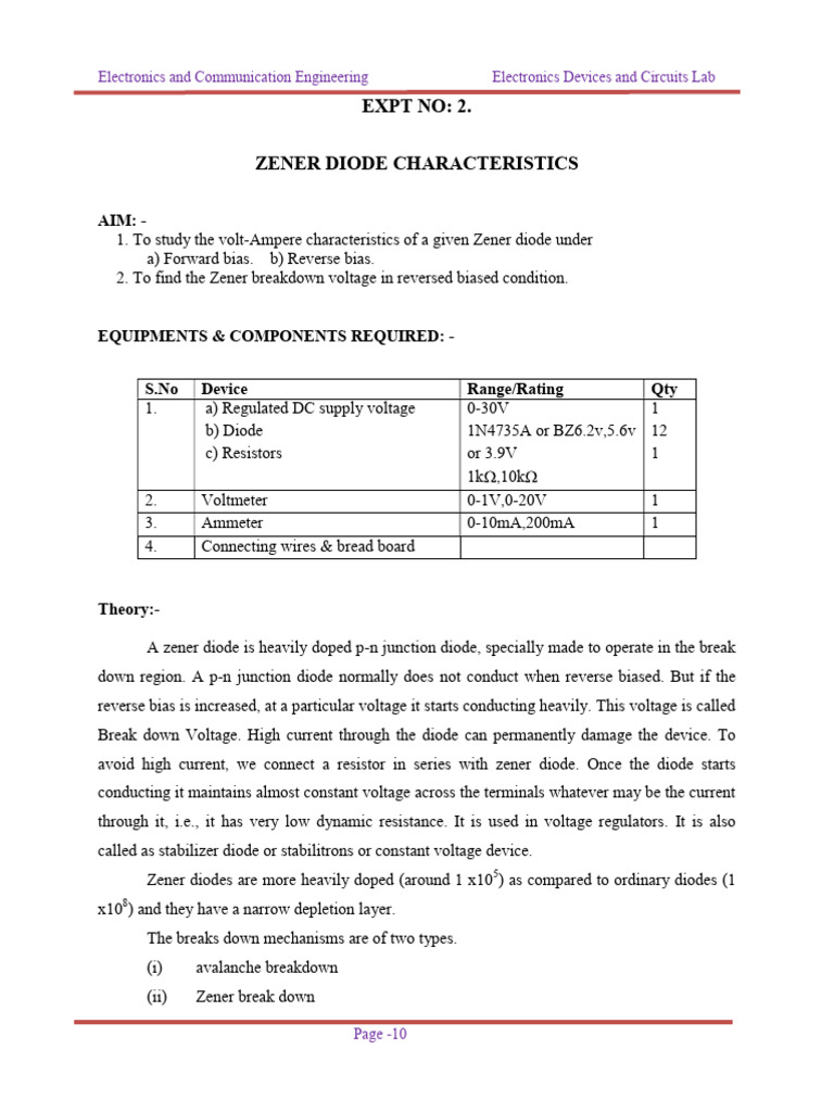 Laboratory Experiment No.2 Zener Diode | PDF | P–N Junction | Diode