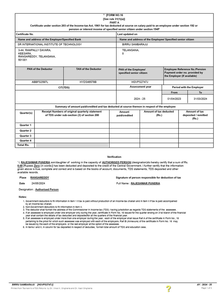 Form 16 TDS Certificate for AY 2024-25 | PDF | Tax Deduction | Income Tax