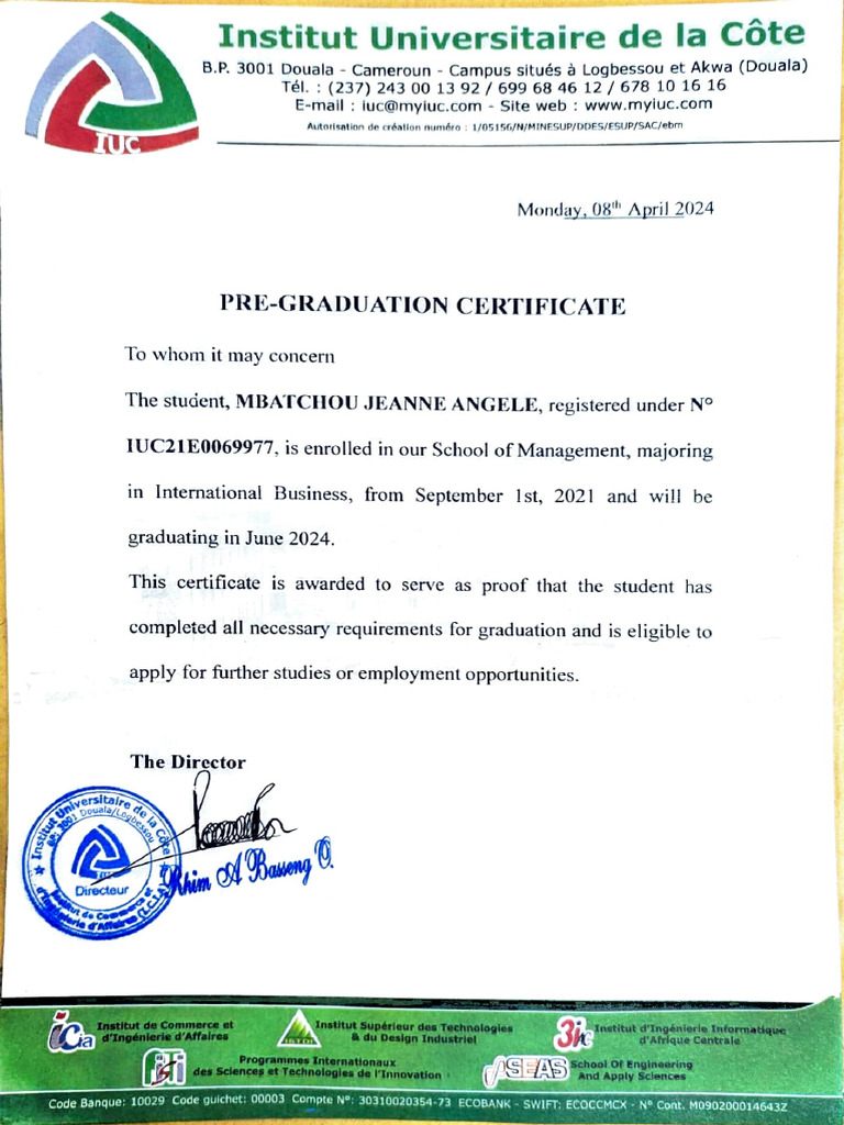 Pre Graduation Certificate Mbatchou | PDF