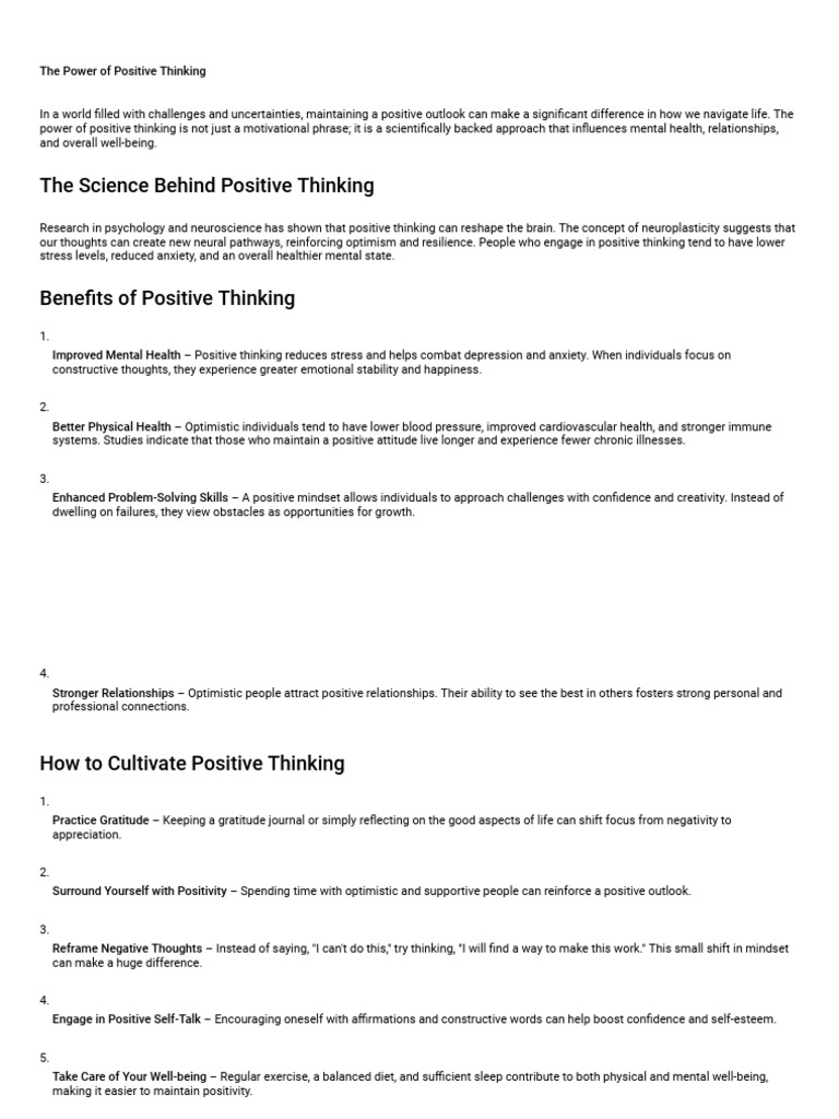 The Power of Positive Thinking | PDF | Optimism | Thought