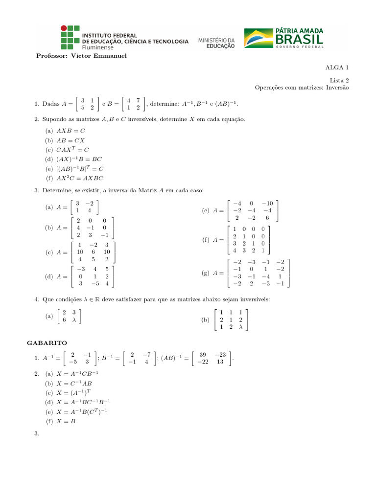 Lista de Exercícios Álgebra | PDF