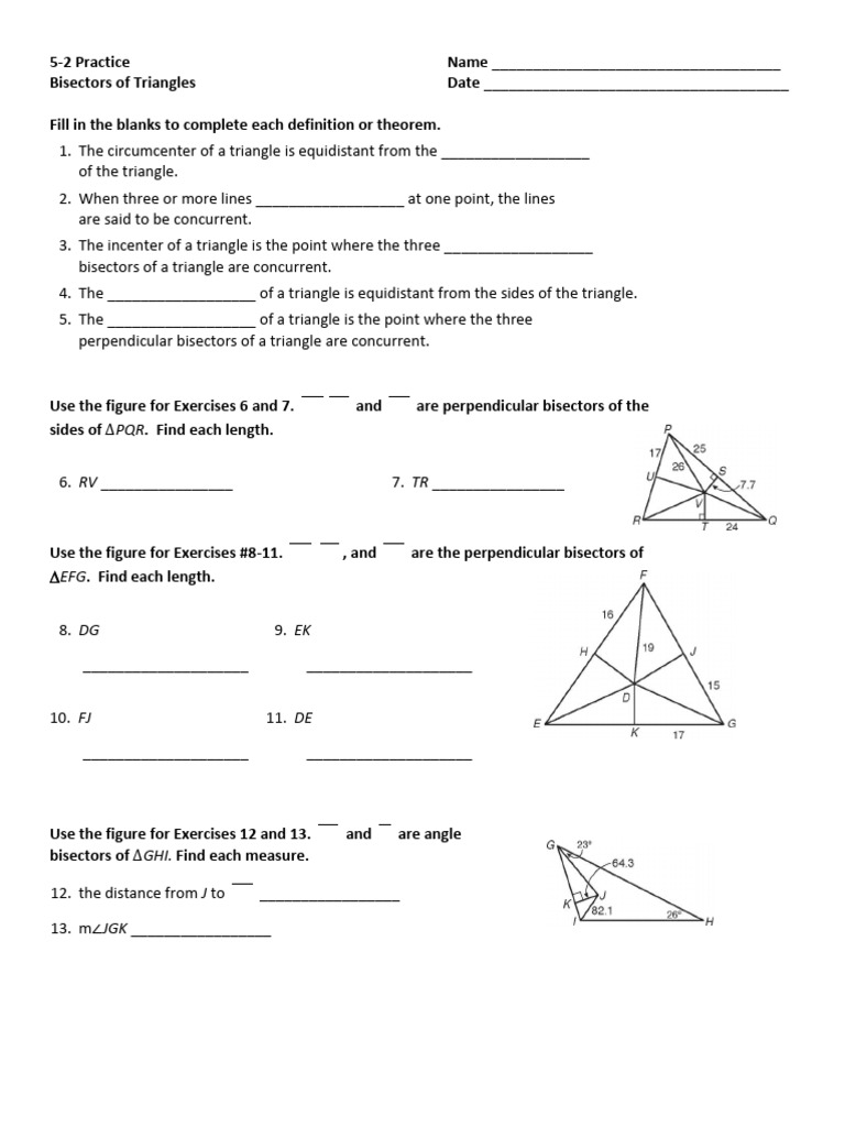 Triangle Bisectors Practice Worksheet | PDF