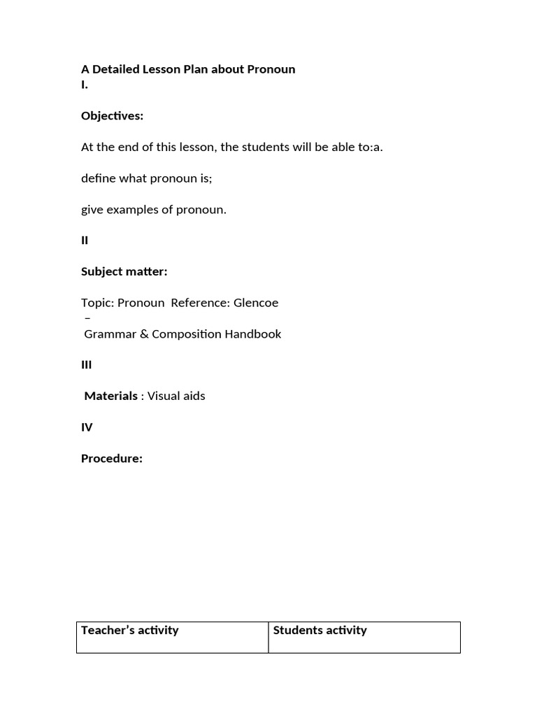 Lesson Plan on Pronouns for Students | PDF | Pronoun | Morphology