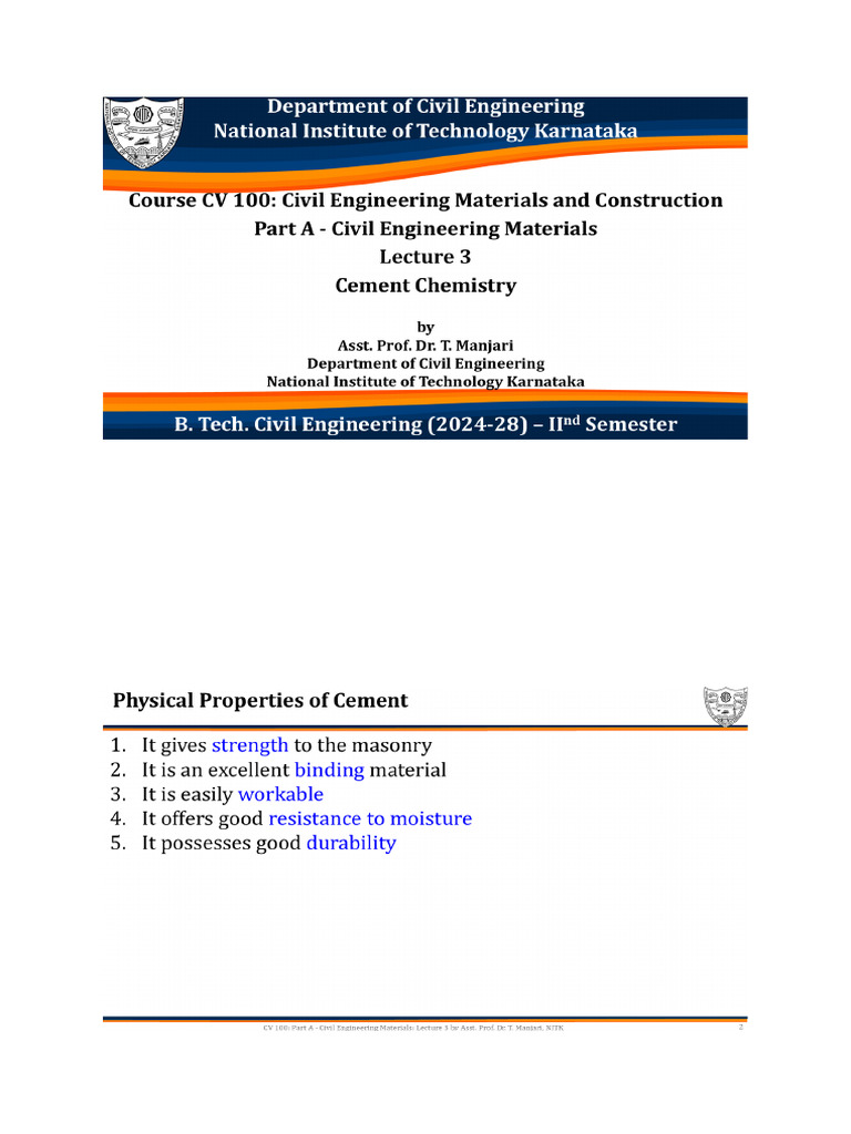 CV 100 Lecture 3 Cement Chemistry | PDF