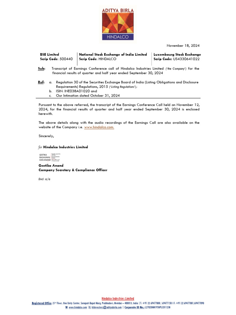 Earning Transcript Hindalco Q2 Fy25 | PDF | Inflation | Recycling