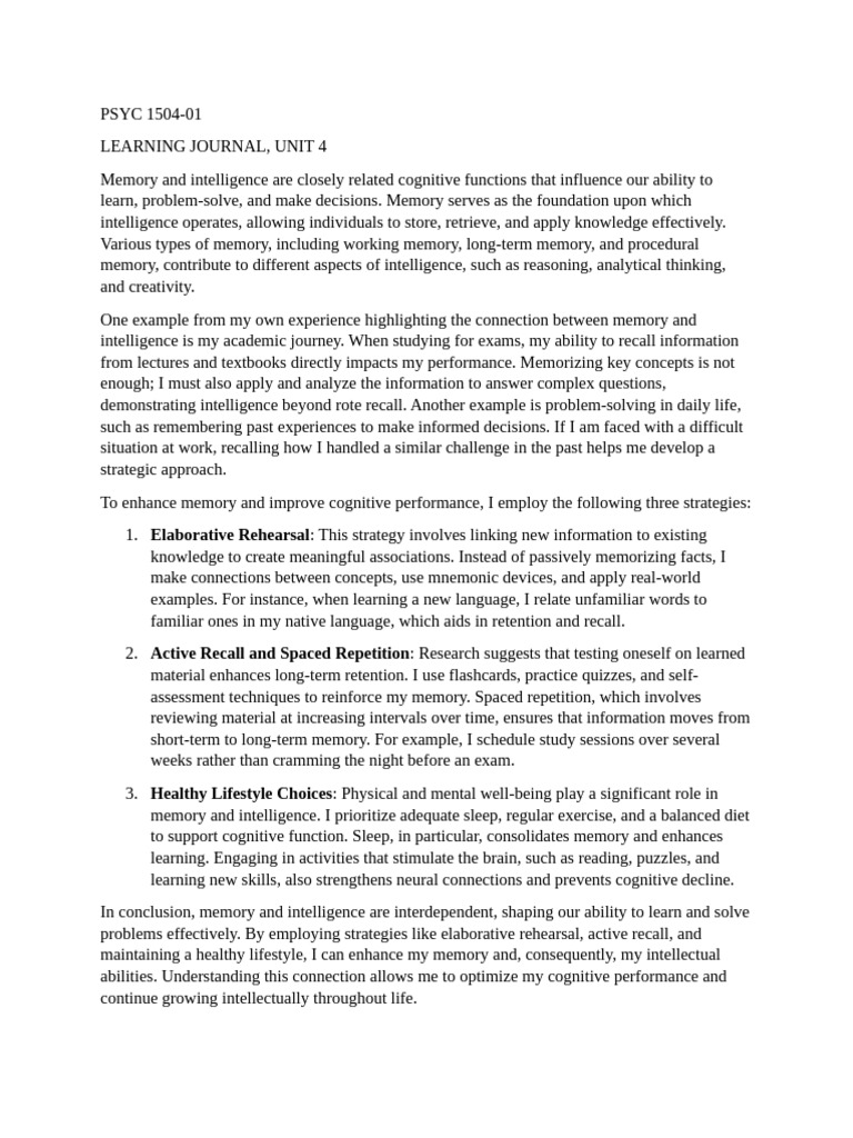 Psyc 1504-01 Learning Journal 4 | PDF | Memory | Brain