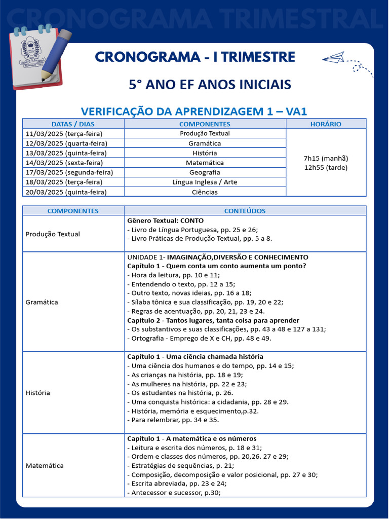 CRONOGRAMA VA1 - 1º TRIMESTRE (5º ANO).docx | PDF | Science