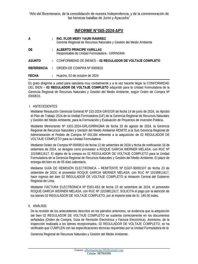 Informe #065 - Conformidad Regulador de Voltaje | PDF