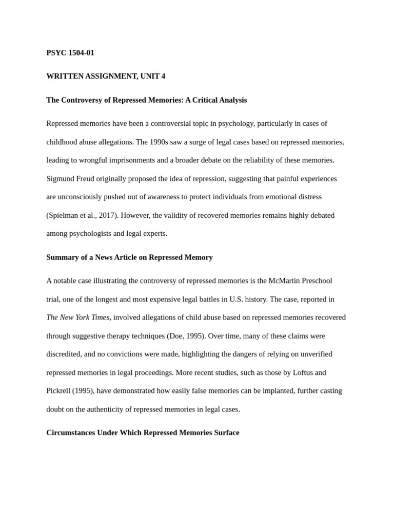 Psyc 1504-01 Written Assignment 4 | PDF | Psychological Trauma | Psychology