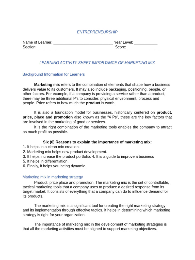 Entrepreneurship Worksheet Revise 1 | PDF | Marketing | Marketing Strategy