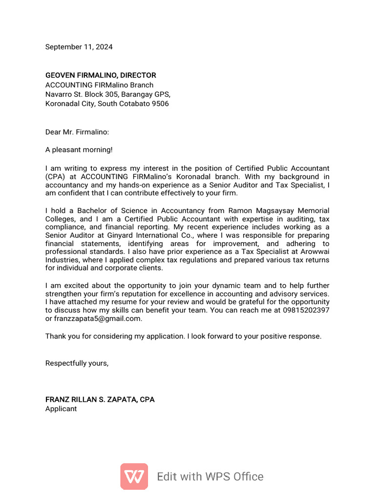 Application letter 2 | PDF | Audit | Certified Public Accountant