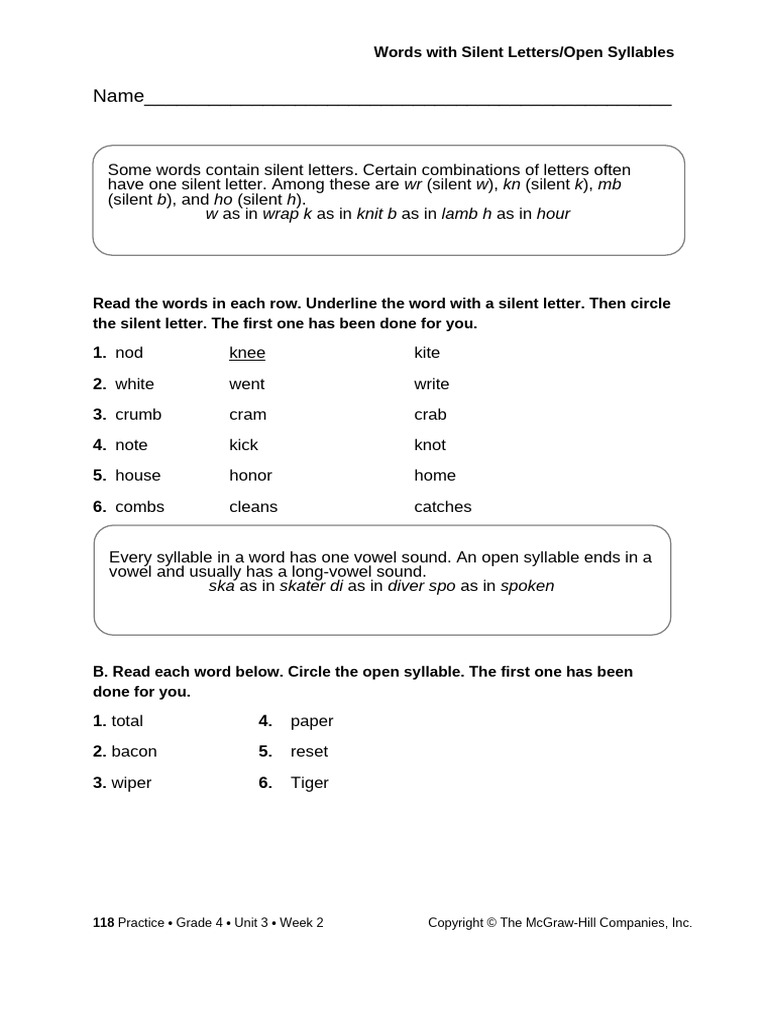 A Reproducibles Unit 3 Week 2 Words With Silent Letters Open Syllables ...