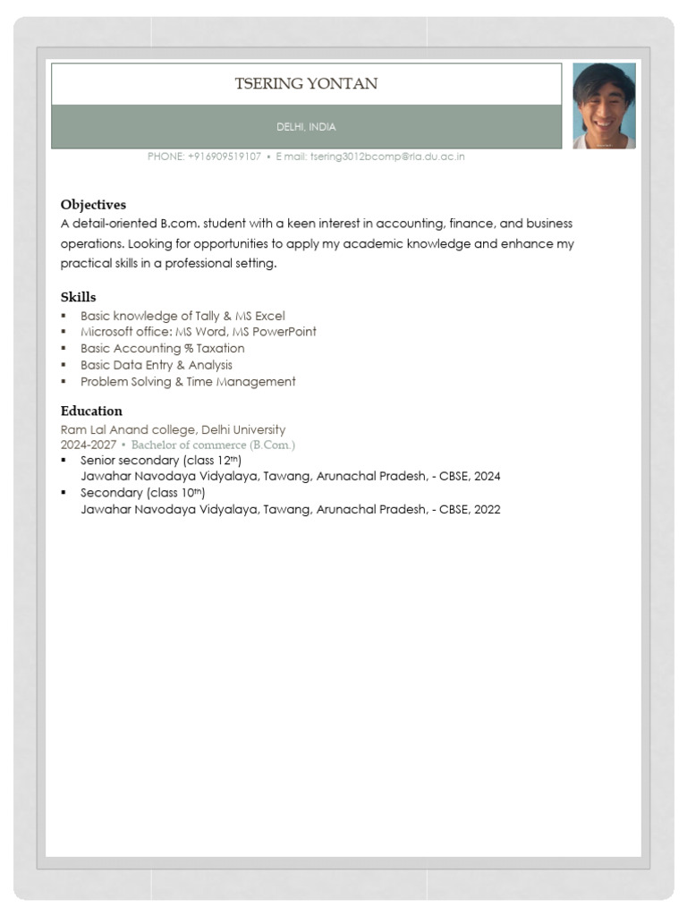 B.Com Student Profile: Tsering Yontan | PDF