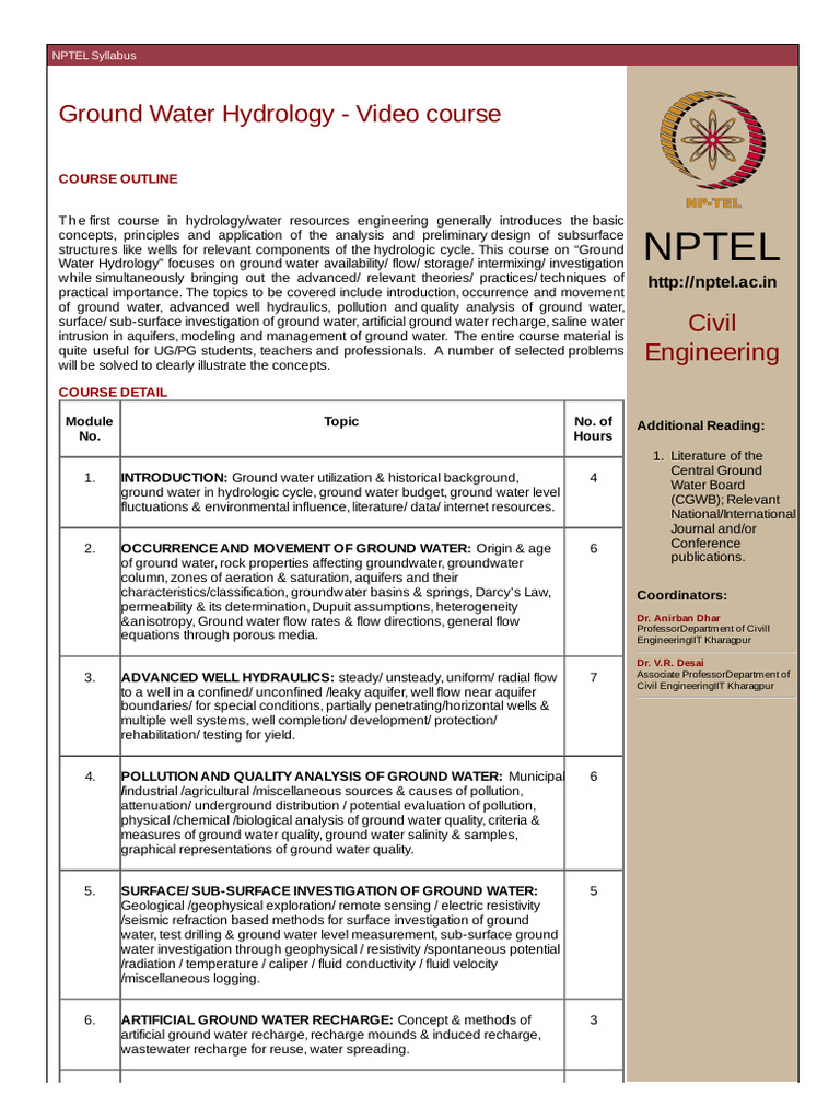Ground Water Hydrology Course Outline | PDF | Groundwater | Hydrology