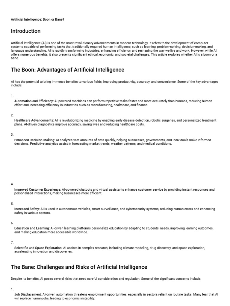 Artificial Intelligence Boon or Bane | PDF | Artificial Intelligence | Intelligence (AI) & Semantics