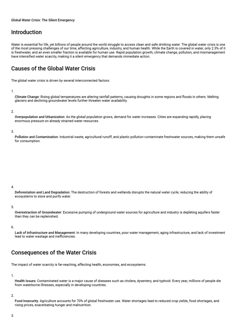 Global Water Crisis The Silent Emergency | PDF | Water Scarcity | Water