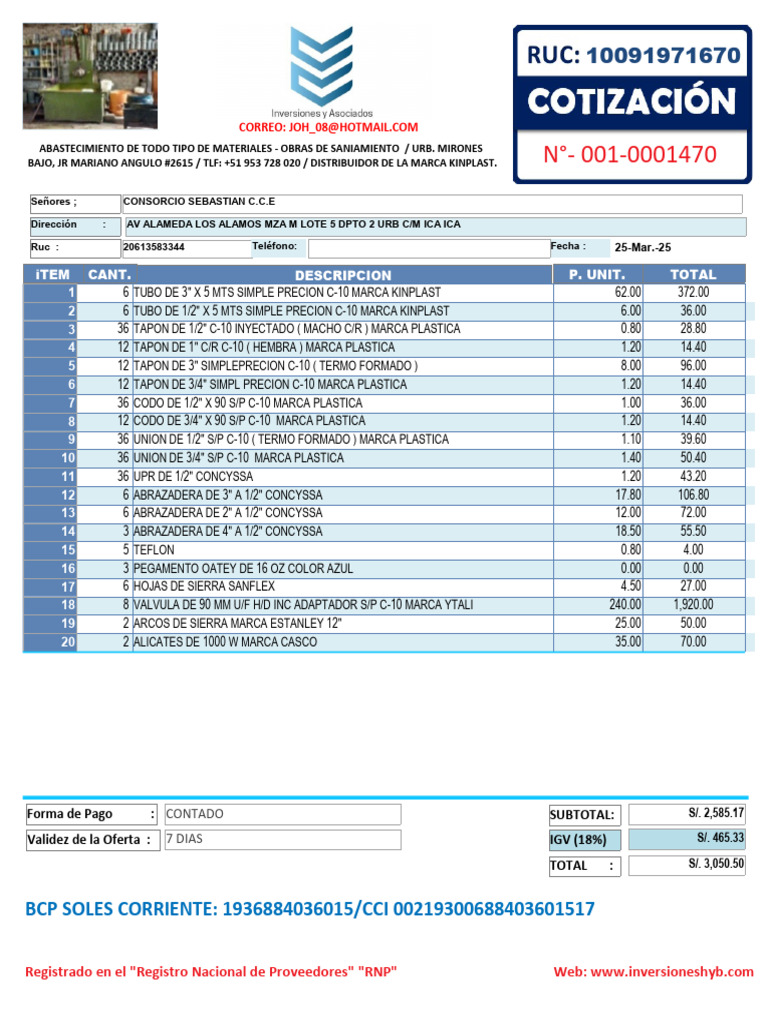 Cotización de Materiales de Saneamiento | PDF