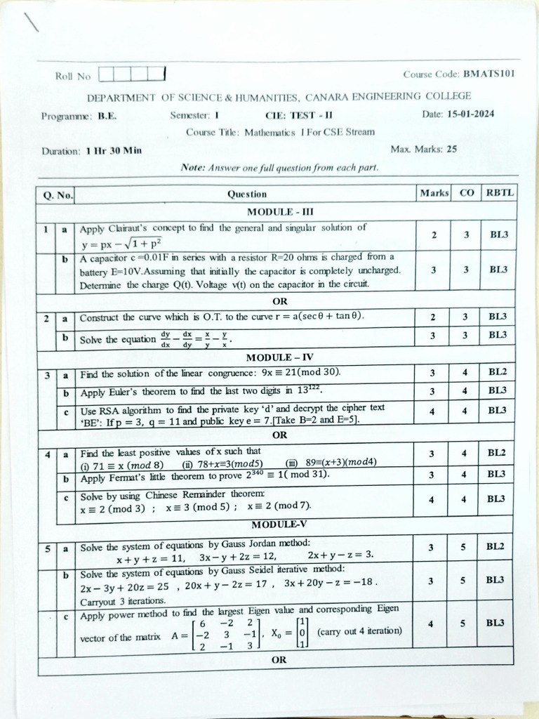 BMATS101 - CIE 2 Solution and Scheme | PDF | Quantity | Electromagnetism
