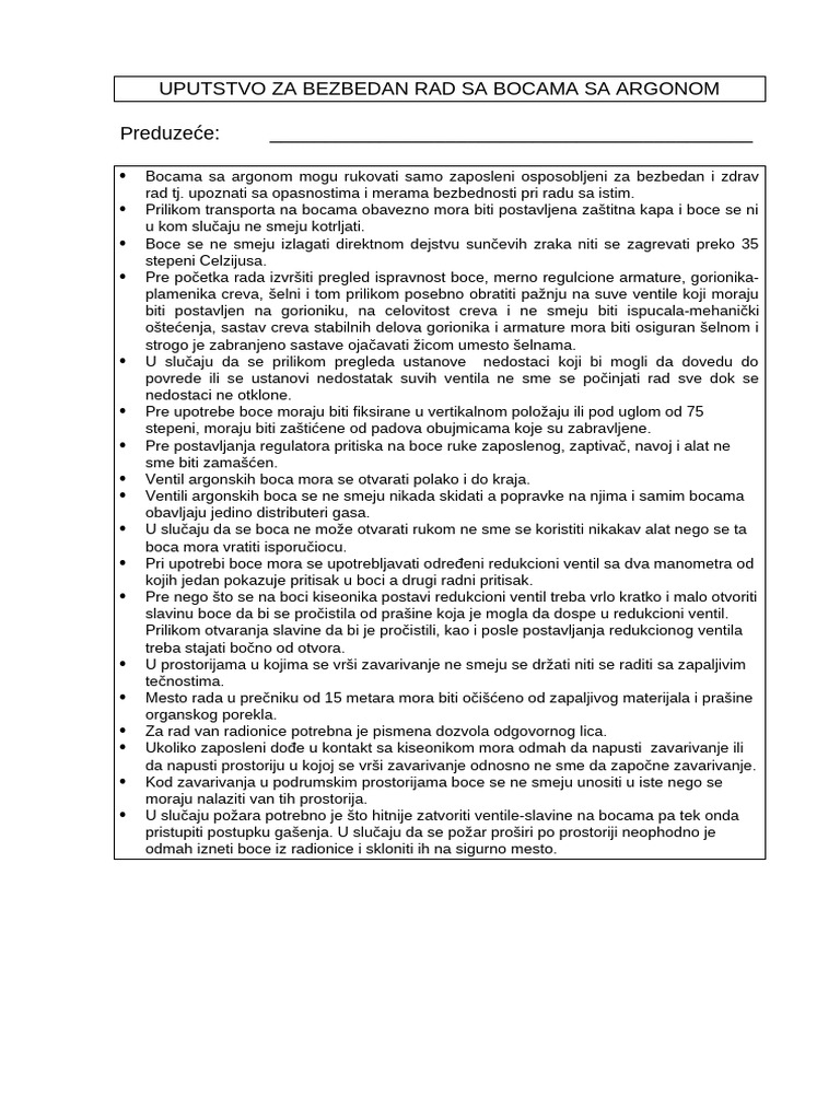 Uputstvo Za Bezbedan Rad Sa Bocama Sa Argonom Preduzeće | PDF