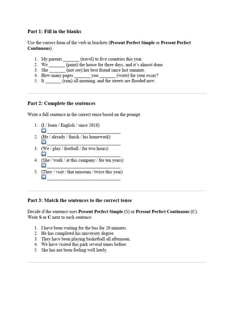Present Perfect Tense Exercises | PDF
