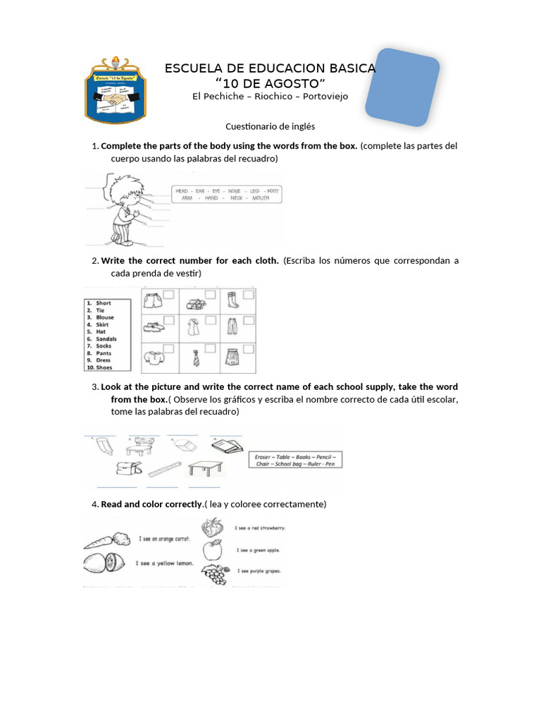 Cuestionario y Examen de Inglés Básico | PDF