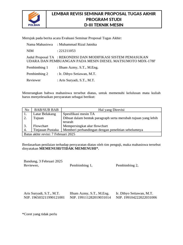 Lembar Revisi Seminar Proposal Tugas Akhir | PDF