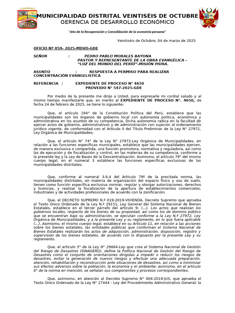 Oficio #059-"Luz Del Mundo Del Períú"-Misión Piura. | PDF | Regulación | Perú
