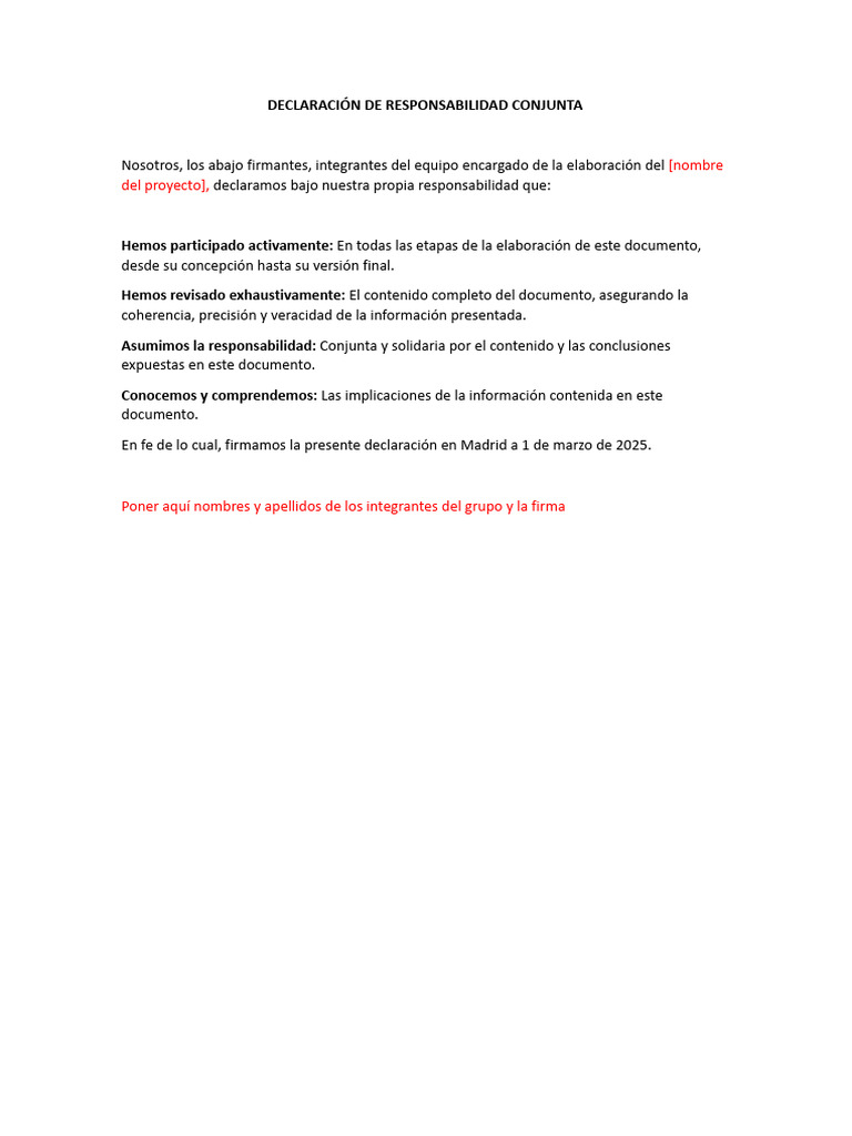 Declaración de Responsabilidad Conjunta | PDF