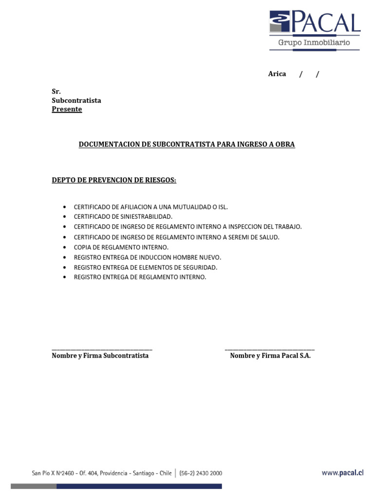 Carta de Ingreso Contratistas | PDF