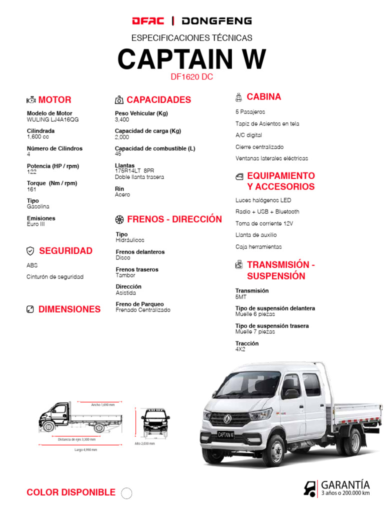 Ficha Tecnica Dongfeng Captain W Camion DF1620DC | PDF | Camión | Vehículos terrestres