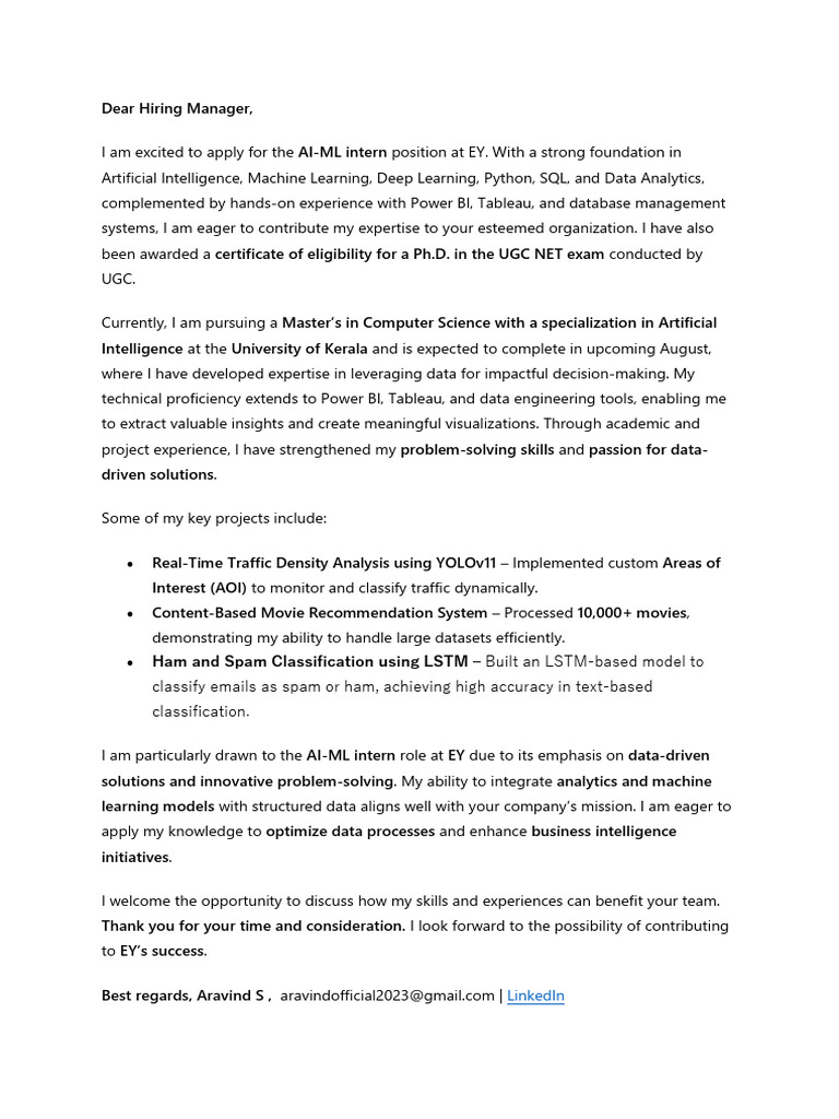 Coverletter Aravind AI-ML Intern | PDF