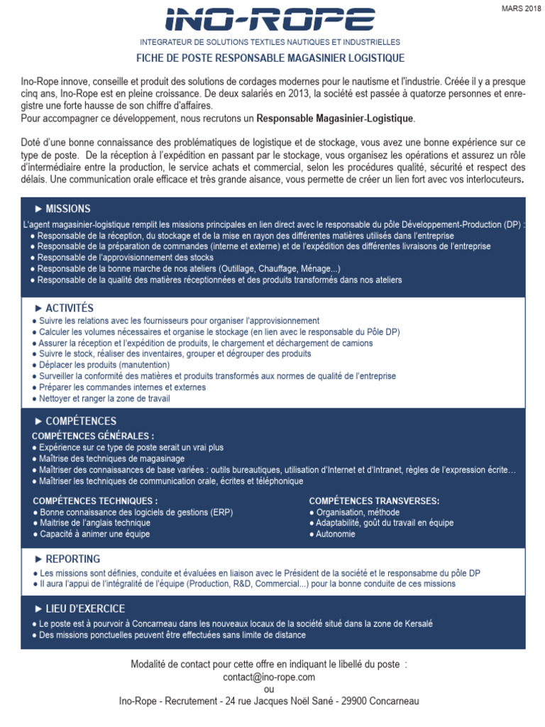Fiche de Poste Responsable Magasinier | PDF | Logistique | Recrutement