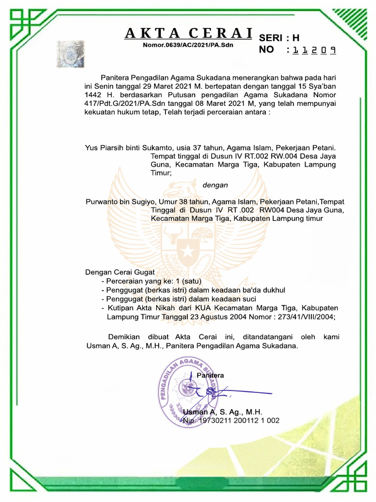 Akte Cerai Sukadana 112 | PDF