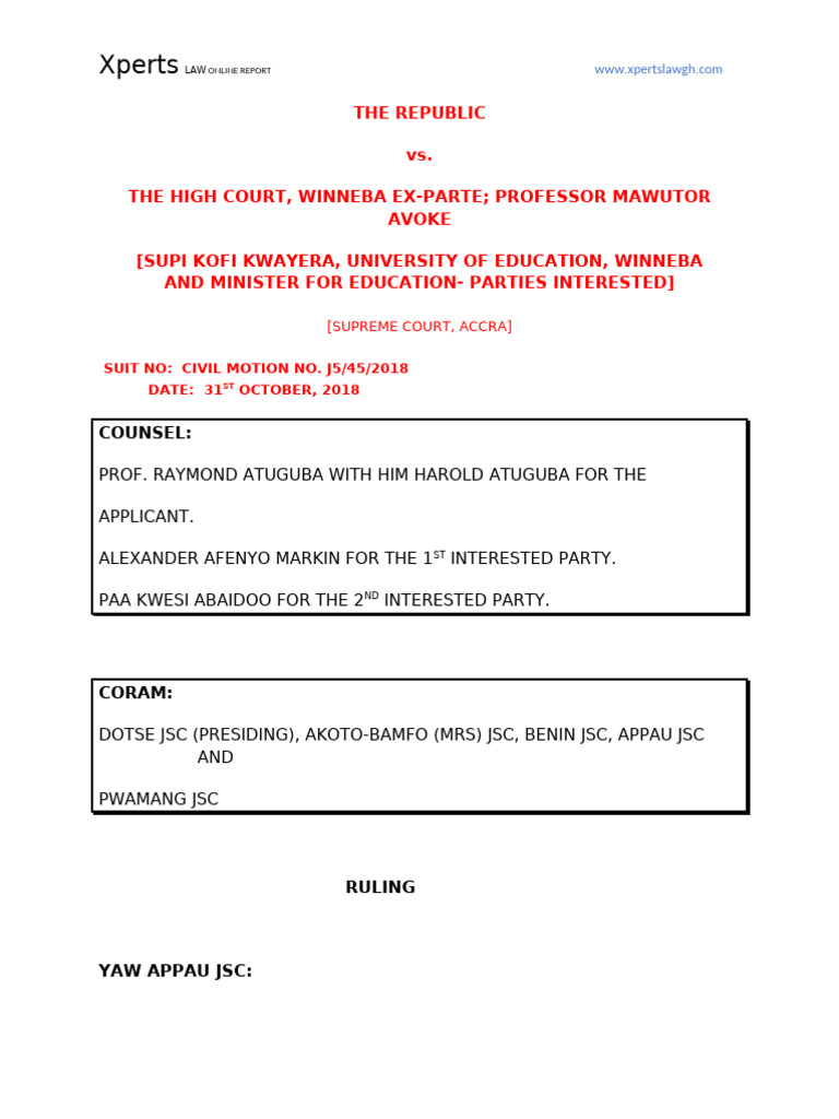 THE REPUBLIC vs. THE HIGH COURT, WINNEBA EX-PARTE PROFESSOR MAWUTOR ...