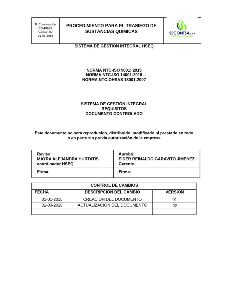 Procedimiento de Trasiego Químico HSEQ | PDF | Tanques