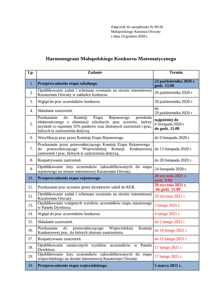 Harmonogram Konkursu Po Zmianie Terminu Etapu Rejonowego 3 | PDF