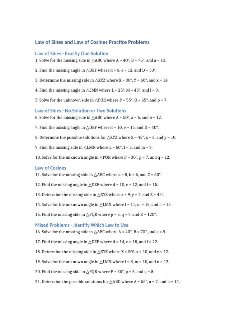 Law of Sines and Cosines Problems | PDF
